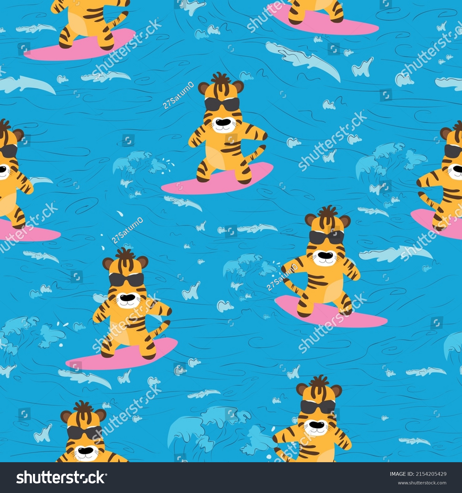 Surfing Tiger Seamless Pattern Vector Illustration Stock Vector ...