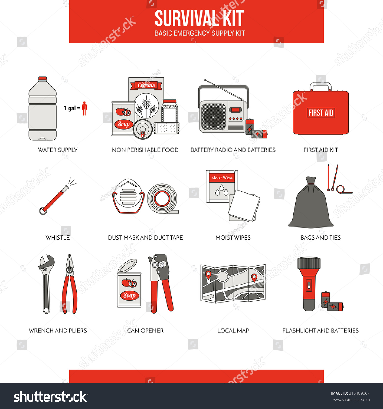 Survival Emergency Kit Evacuation Vector Objects Stock Vector (Royalty ...