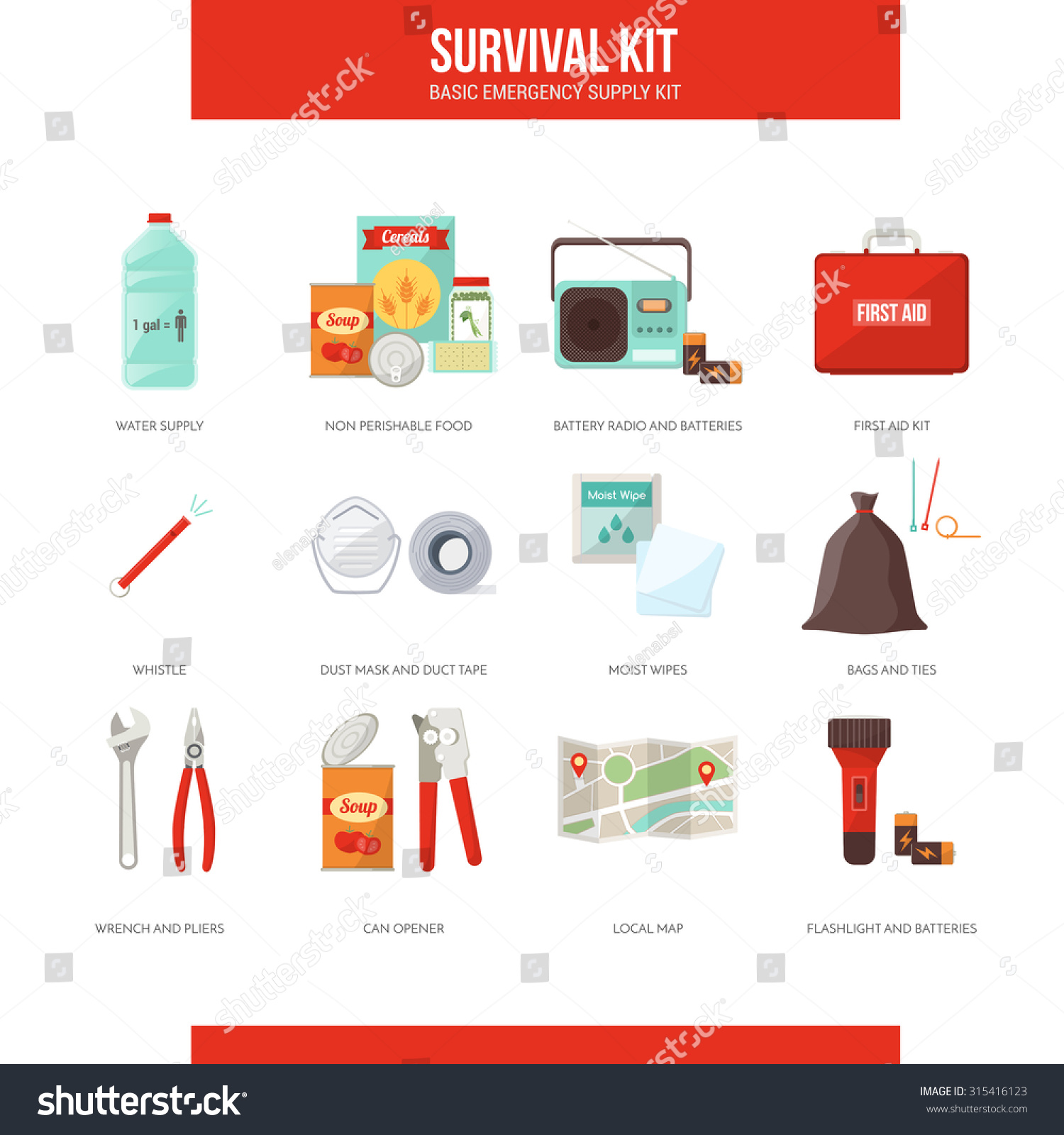 Survival Emergency Kit Evacuation Vector Objects Stock Vector (Royalty ...