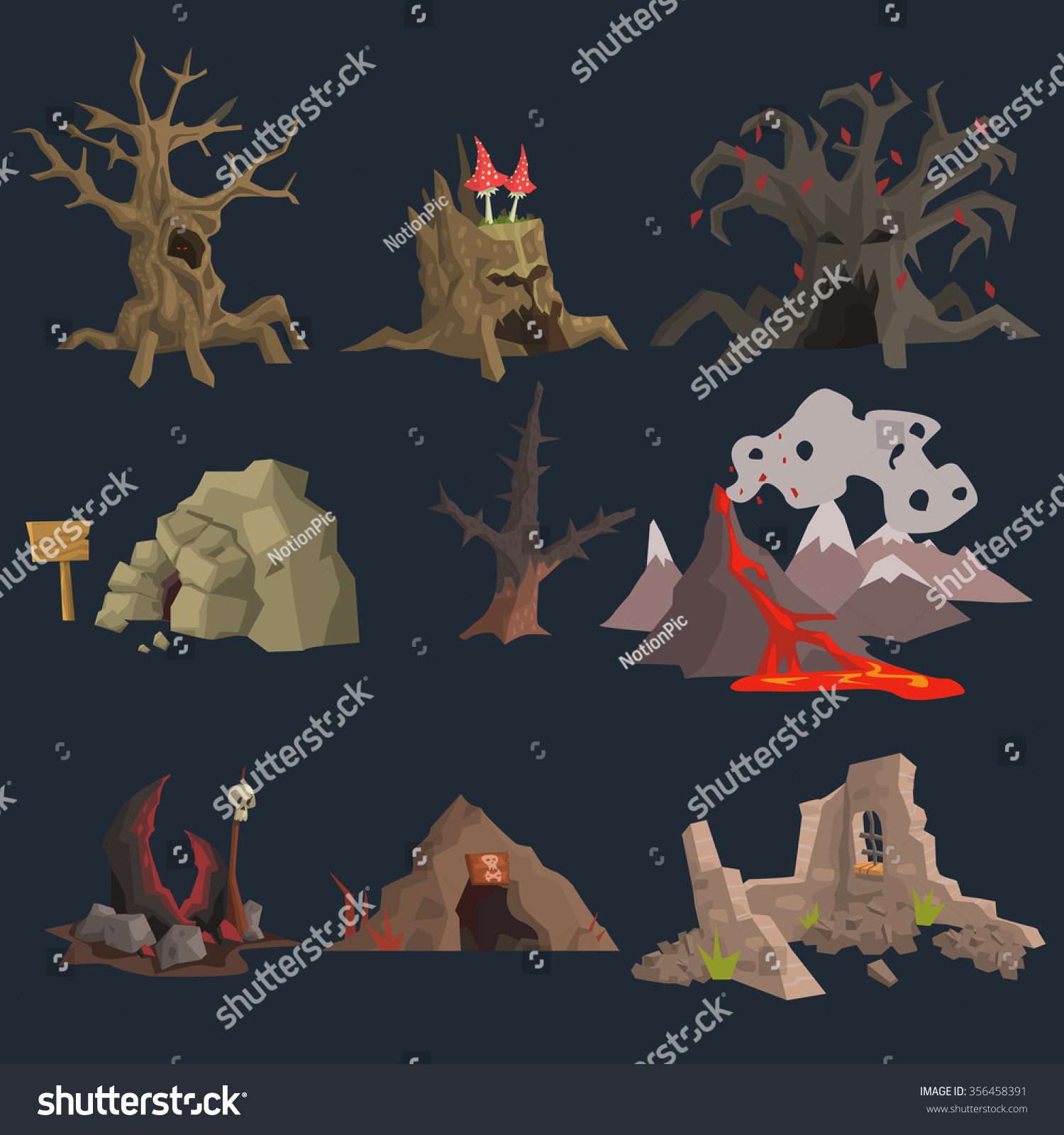 Swamp Tree Cave Game Vector Set: เวกเตอร์สต็อก (ปลอดค่าลิขสิทธิ์) 356458391