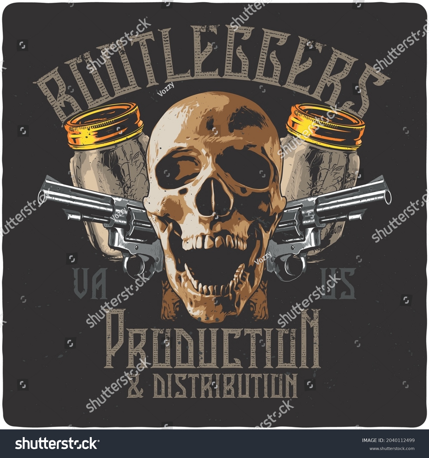 Tshirt Poster Design Illustration Skull Pistols เวกเตอร์สต็อก ปลอดค่า