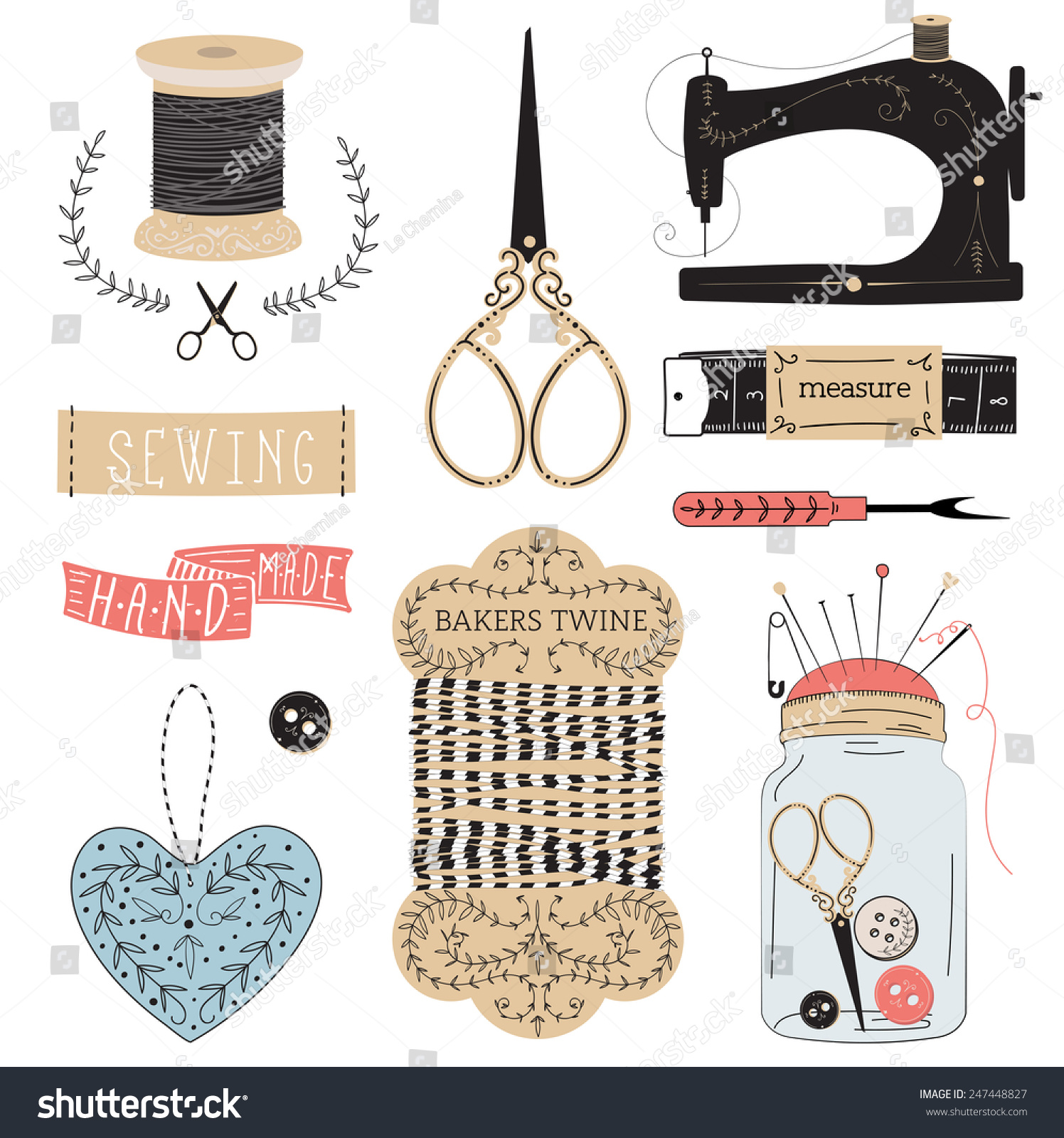 Tailors Tools Scissors Measuring Tape Thimble Stock Vector (Royalty ...
