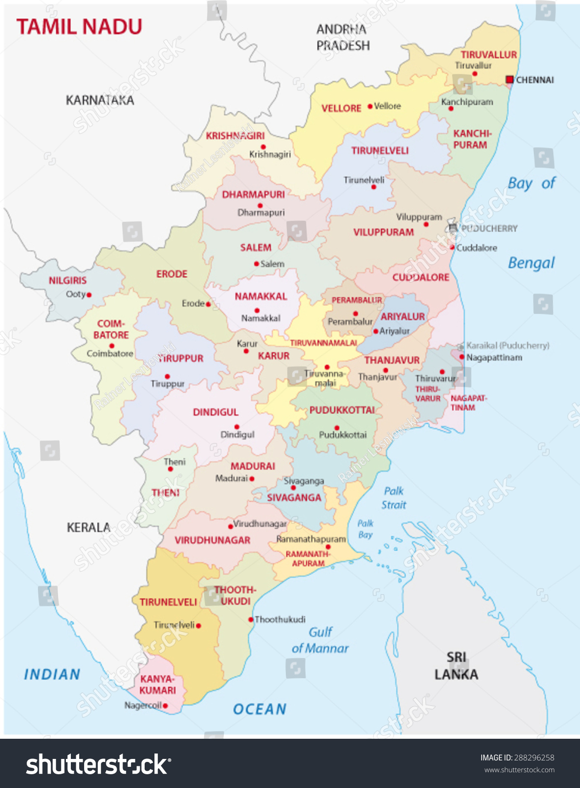 Tamil Nadu Administrative Map Stock Vector Illustration 288296258 ...