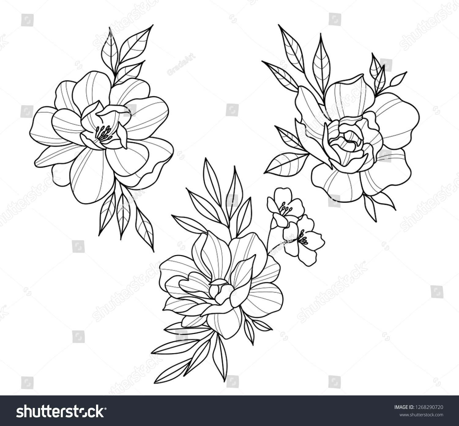 Tattoo Line Work Flowers: เวกเตอร์สต็อก (ปลอดค่าลิขสิทธิ์) 1268290720