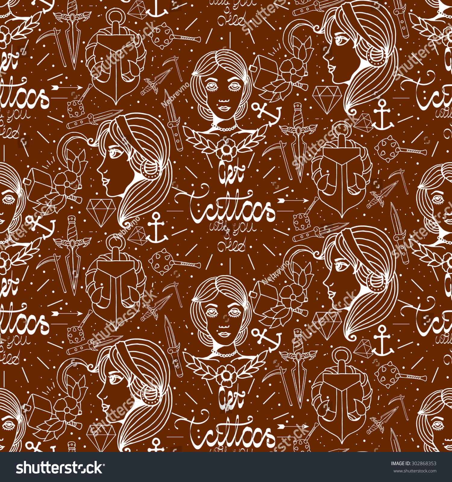Tattoo Seamless Pattern Different Hand Drawn Stock Vector (Royalty Free ...