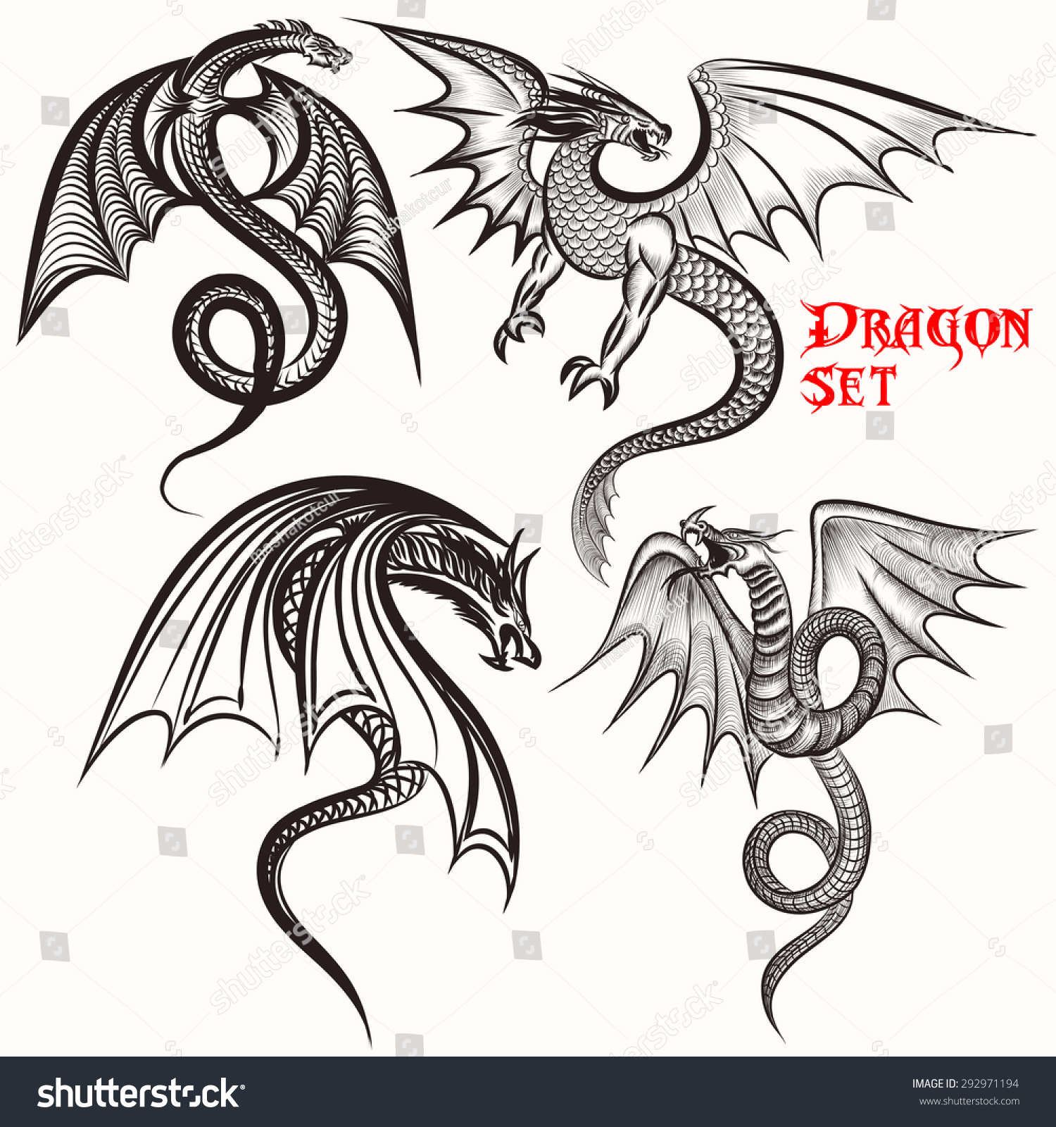 Tattoo Vector Set Hand Drawn Dragons: vector de stock (libre de ...