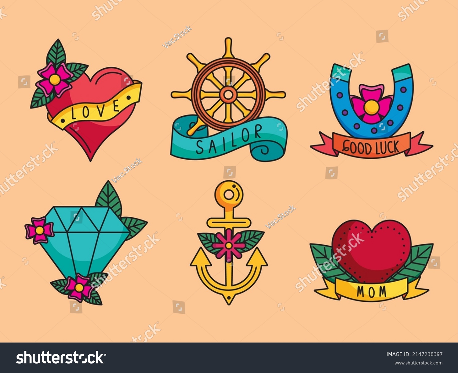 Tattoos Old School Icon Collection Stock Vector (Royalty Free ...