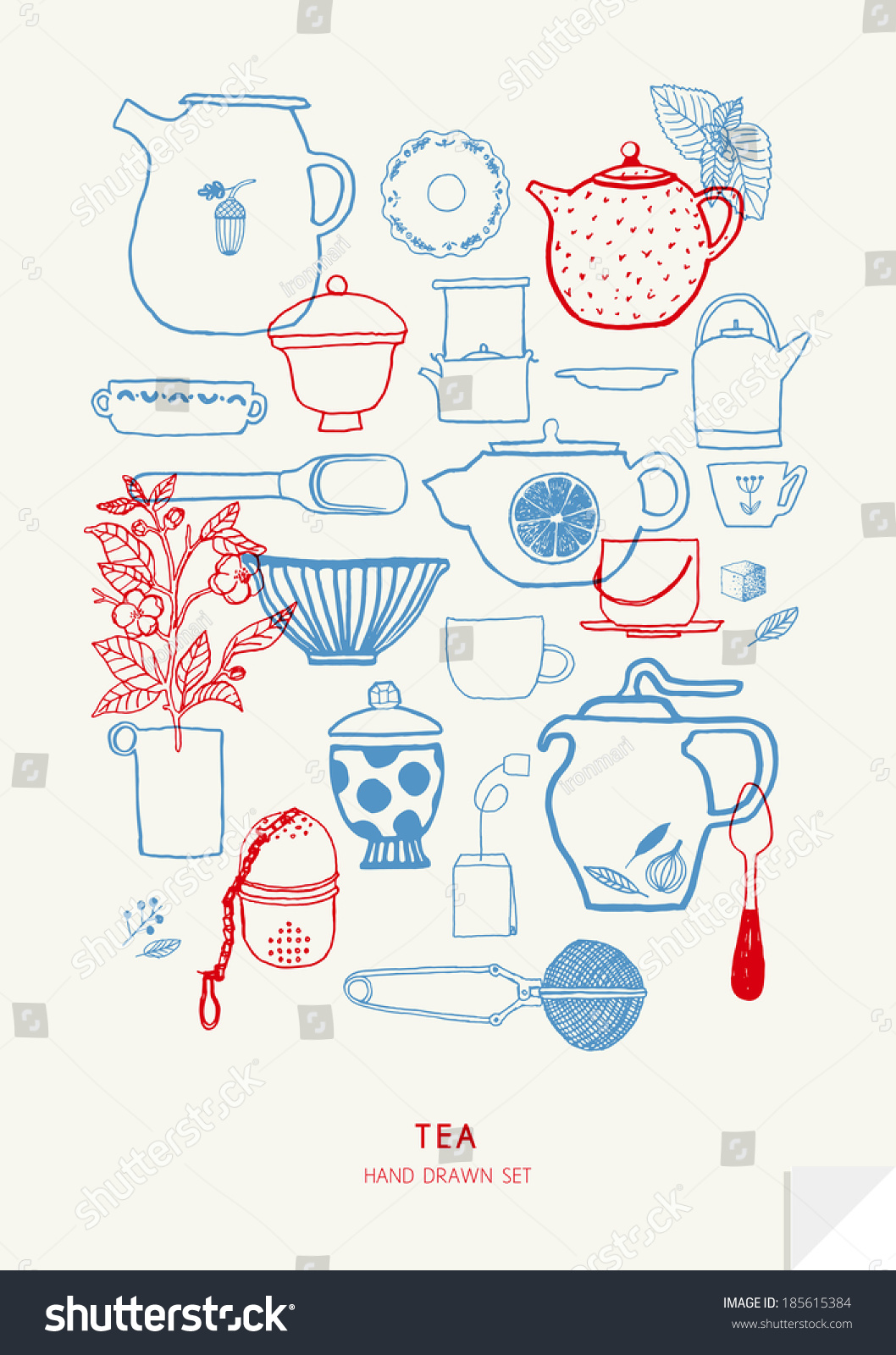 Tea Set Hand Drawn Illustration: vetor stock (livre de direitos) 185615384