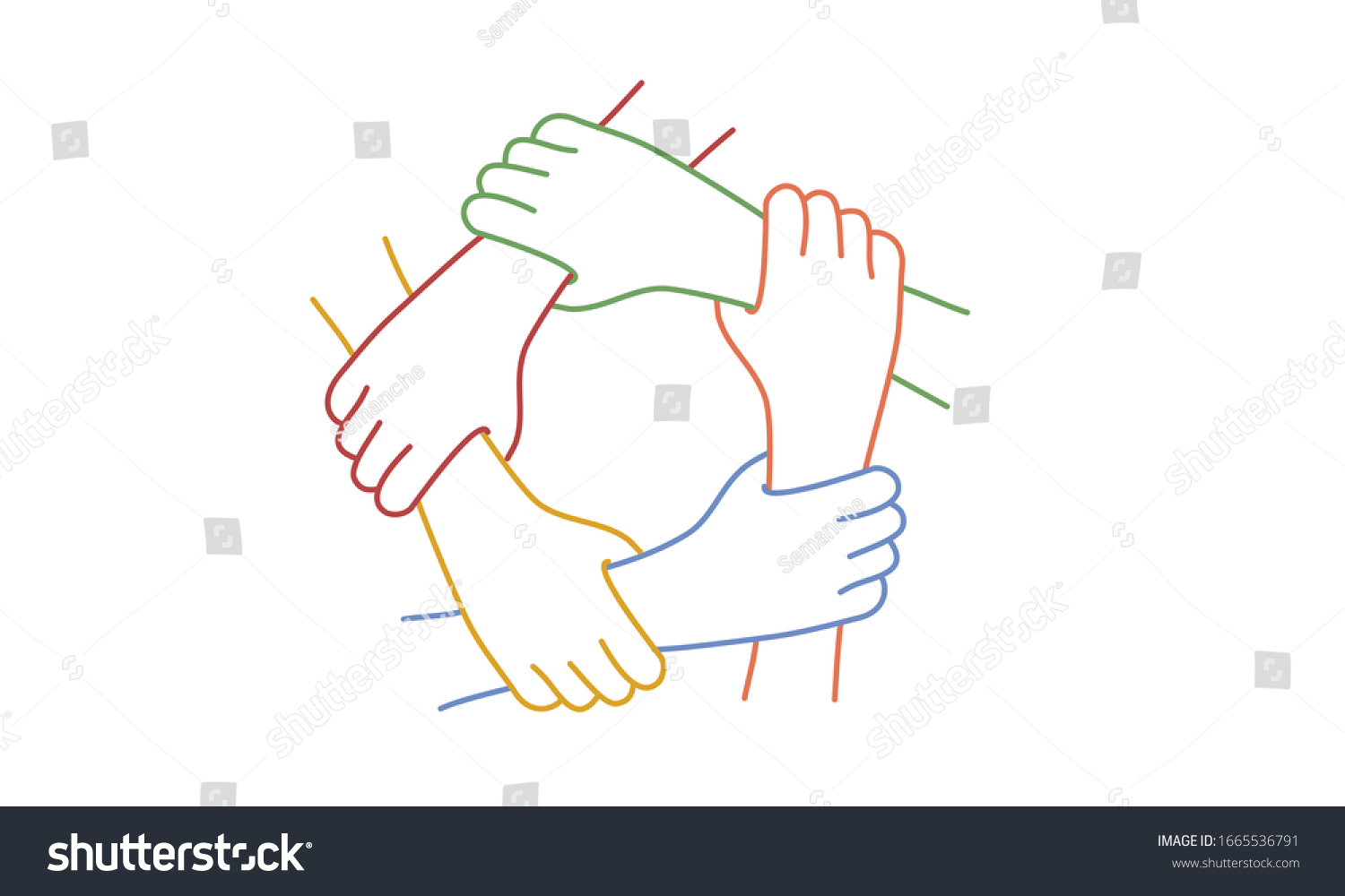 Teamwork Five United Hands Line Drawing Stock Vector (Royalty Free ...