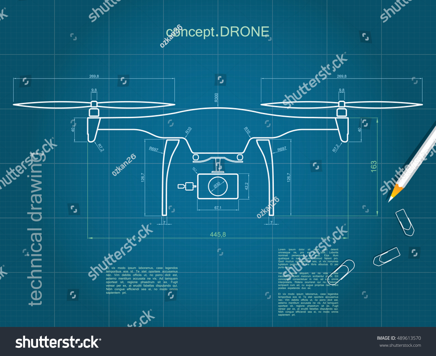 Technical Drawing Drone Blue Paper Background Stock Vector 489613570 ...