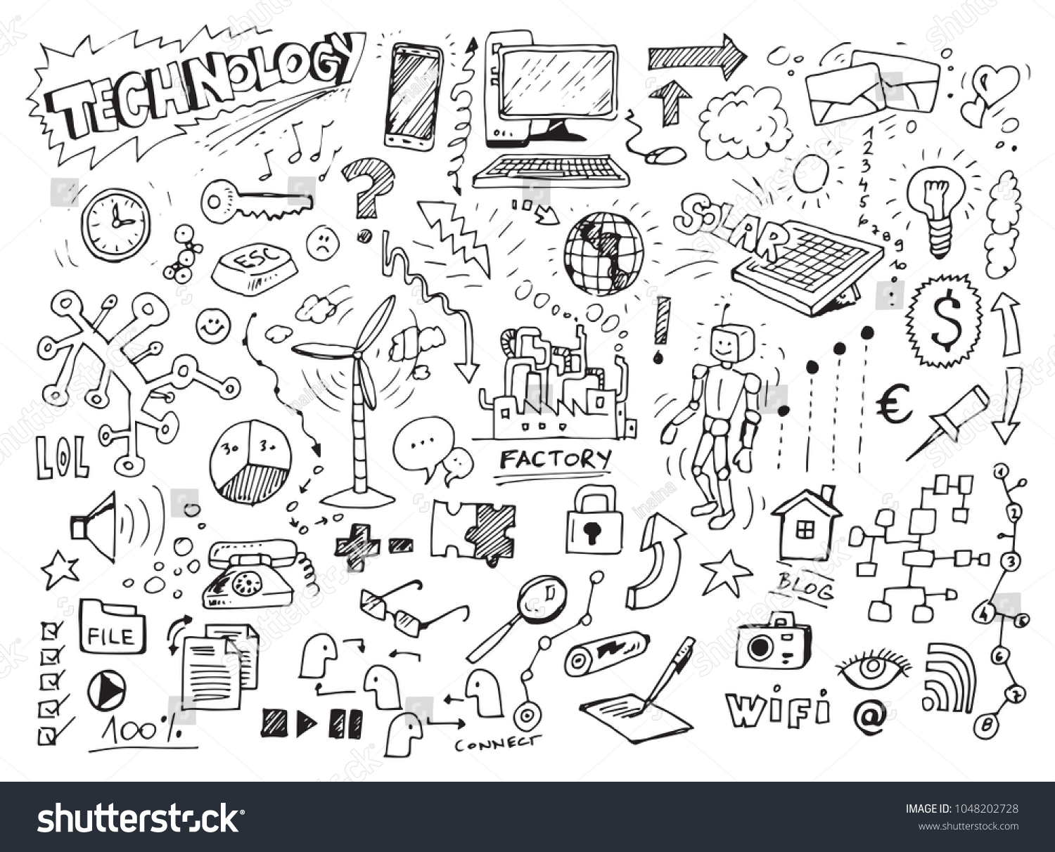 Technology Hand Drawn Doodles Stock Vector (Royalty Free) 1048202728 ...