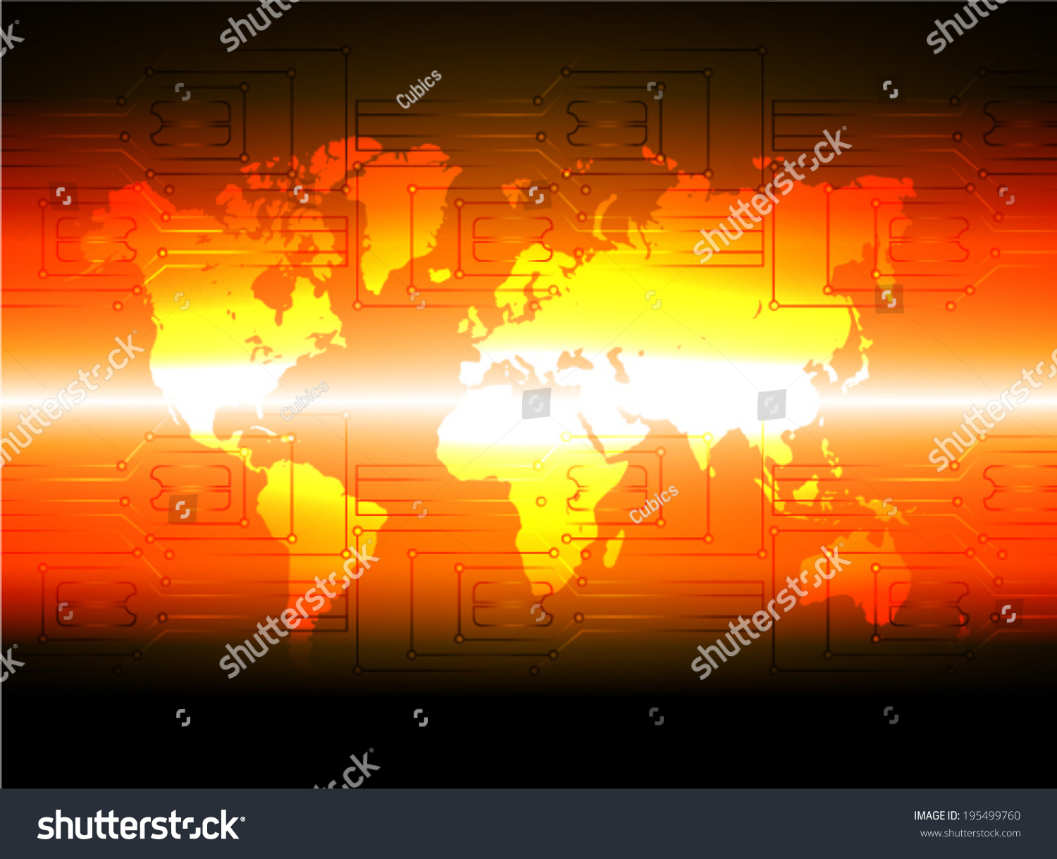 Technology World Map Circuit Dark Orange Stock Vector (Royalty Free ...