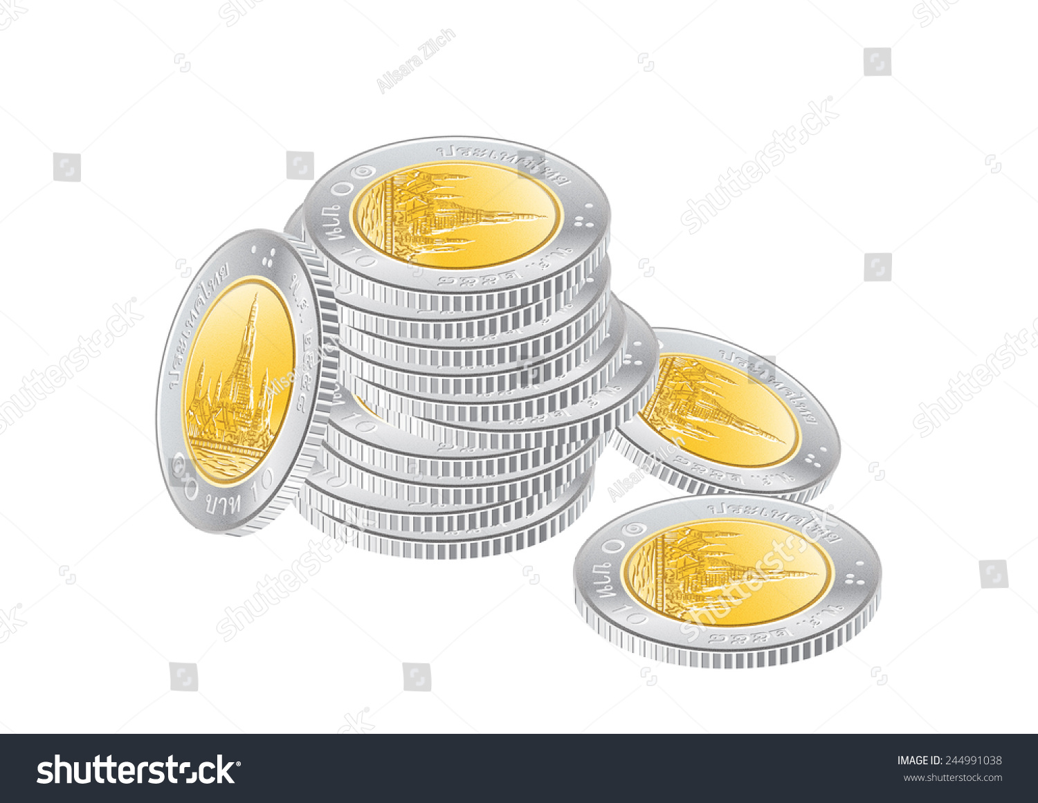 Thai Money 10 Baht Coin Stack Stock Vector 244991038 - Shutterstock