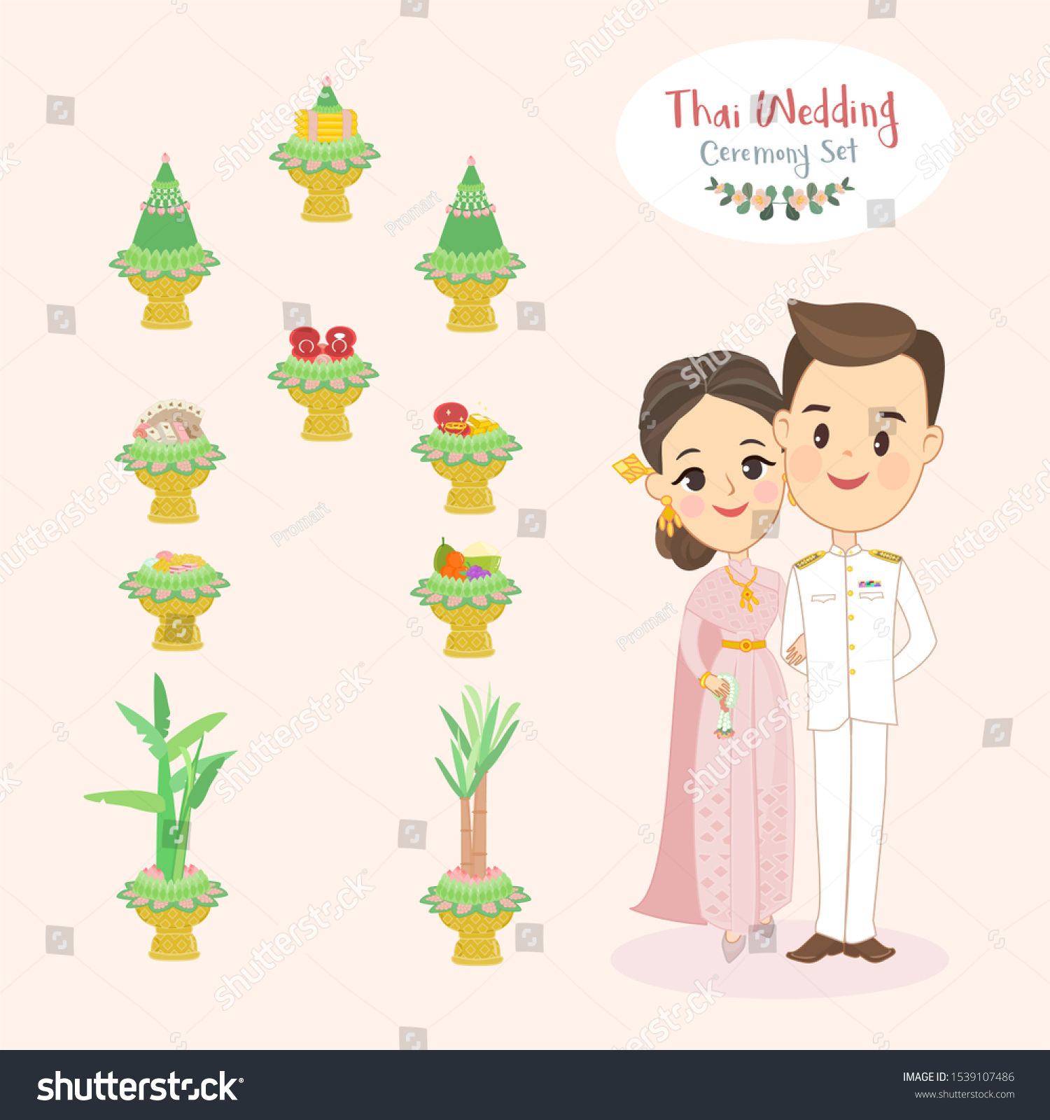 Thai Wedding Ceremony Set Vector Stock Vector (Royalty Free) 1539107486 ...