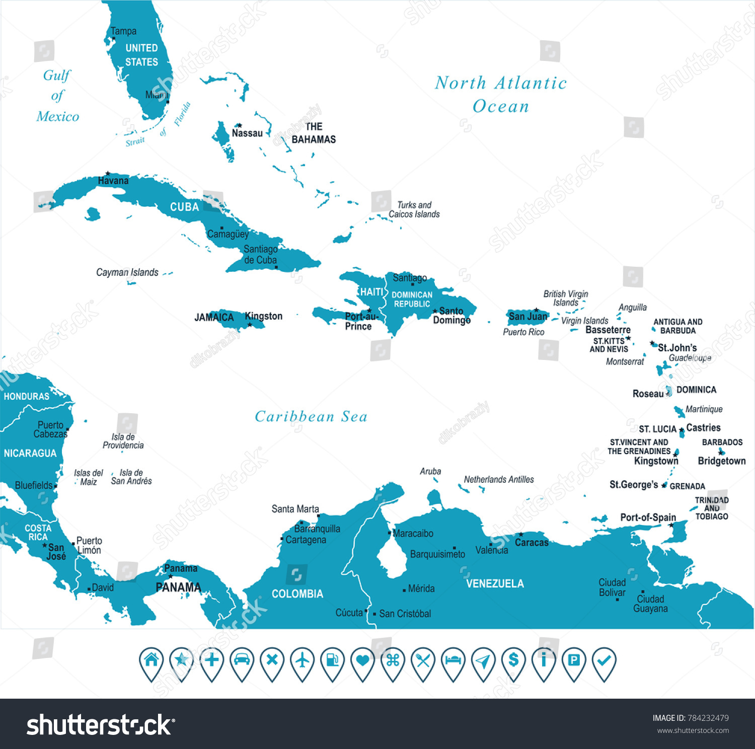 Vektor Stok Caribbean Map Detailed Vector Illustration (Tanpa Royalti ...