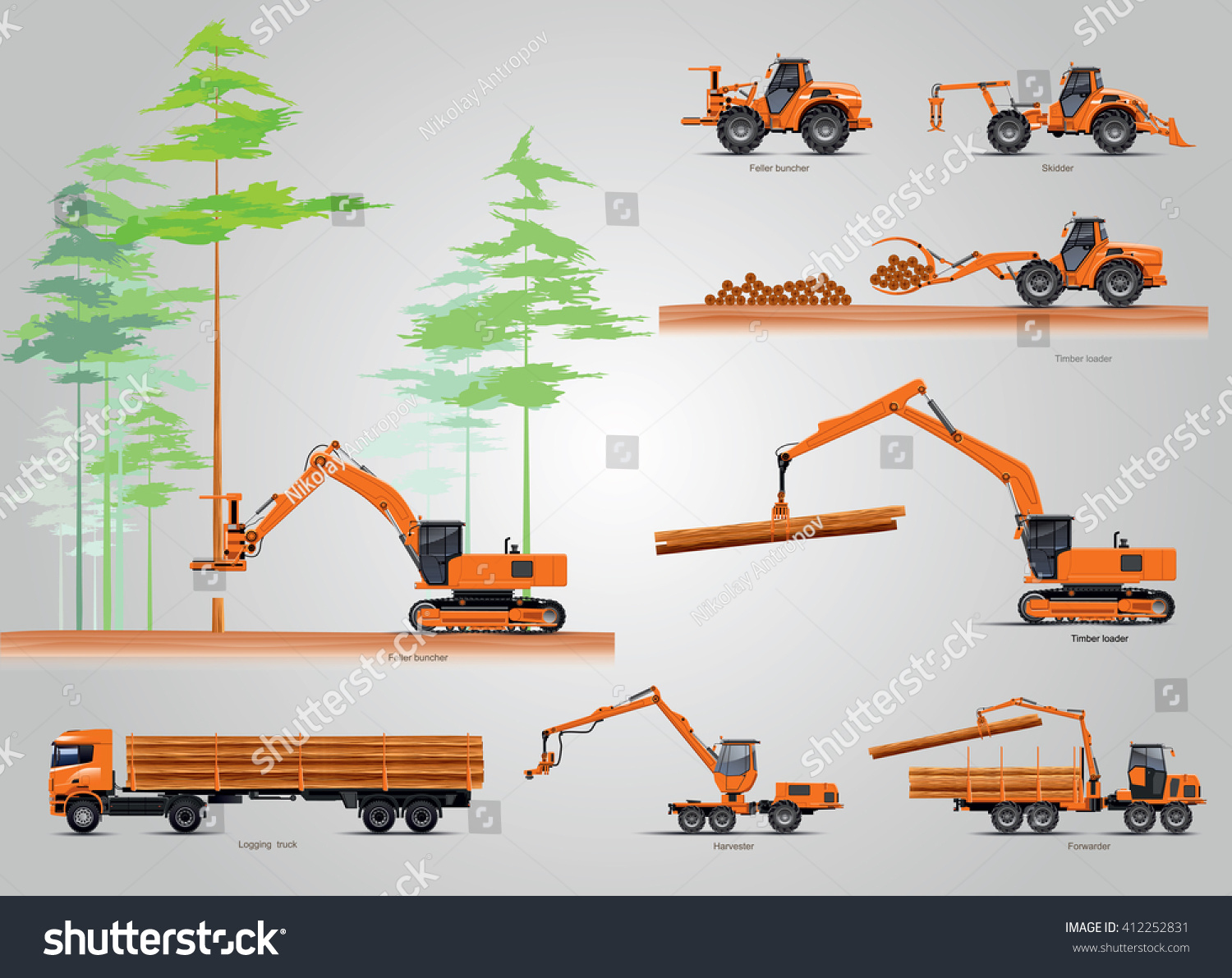 Forestry Production Machines Forestry Tractors Trucks Stockvector Rechtenvrij 412252831