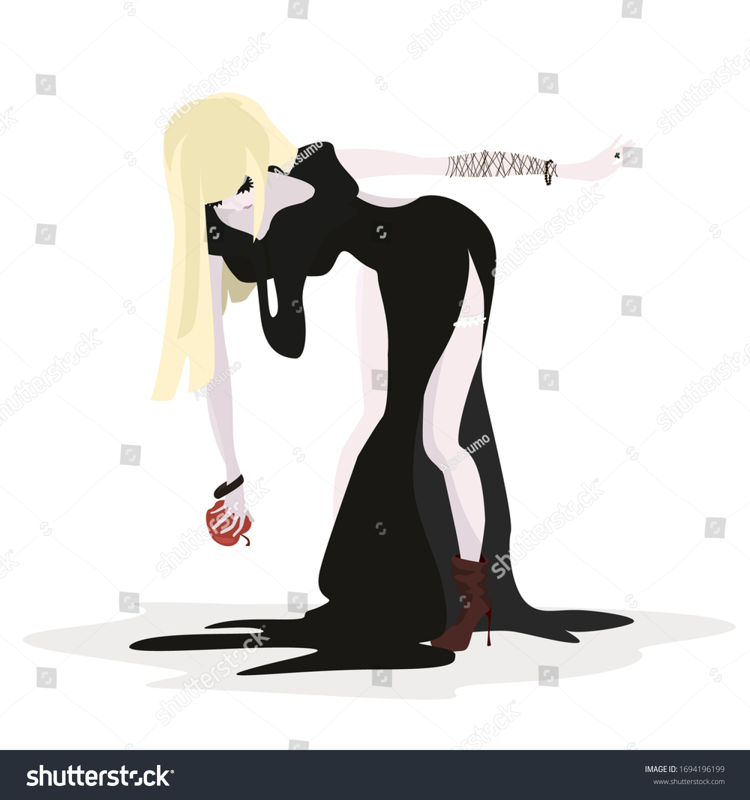 Girl Black Dress Bent Over Apple Stock Vector Royalty Free 1694196199
