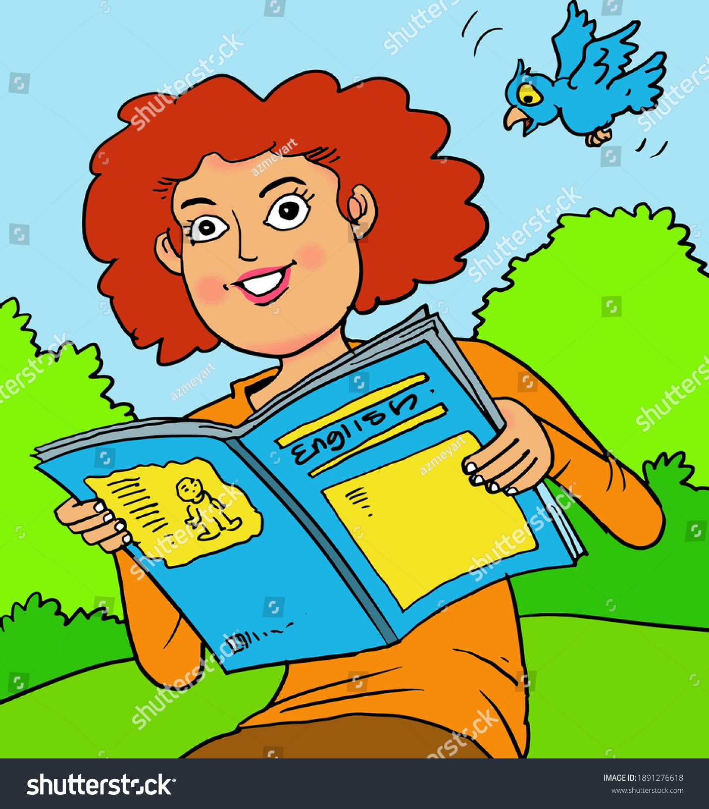 Girl Reading Book Park Nature Scenery Stock Vector Royalty Free