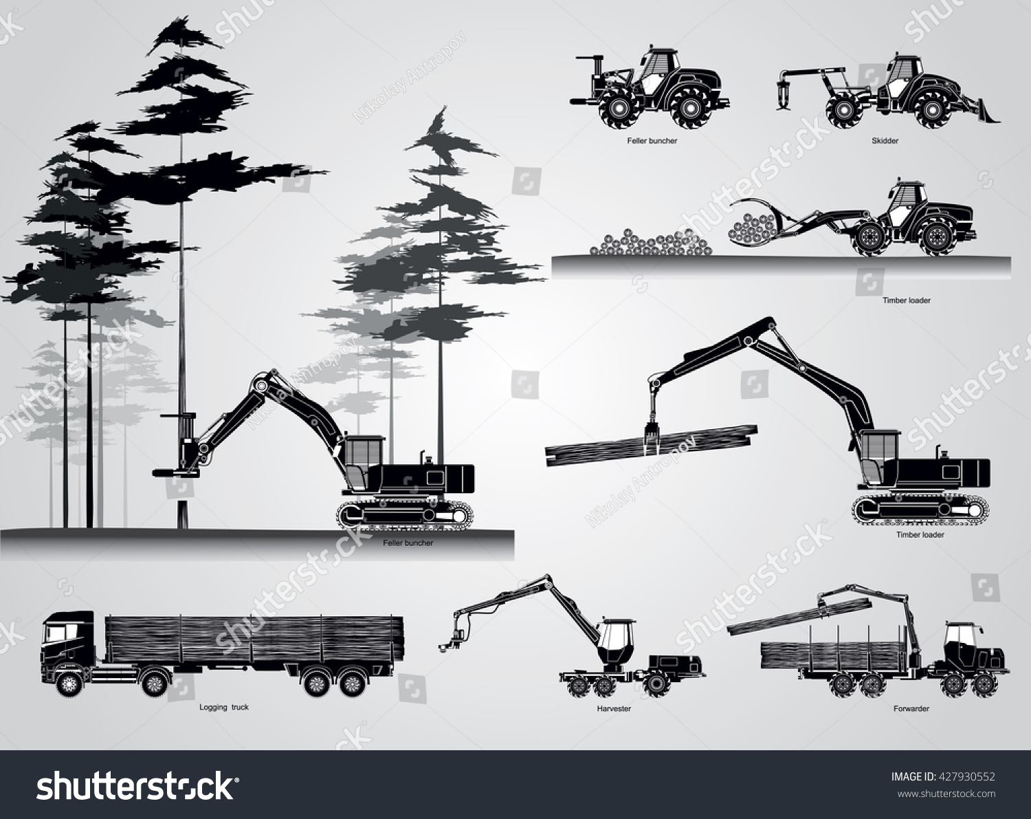 Harvesters Forestry Production Machines Forestry Tractors Stock Vector Royalty Free 427930552
