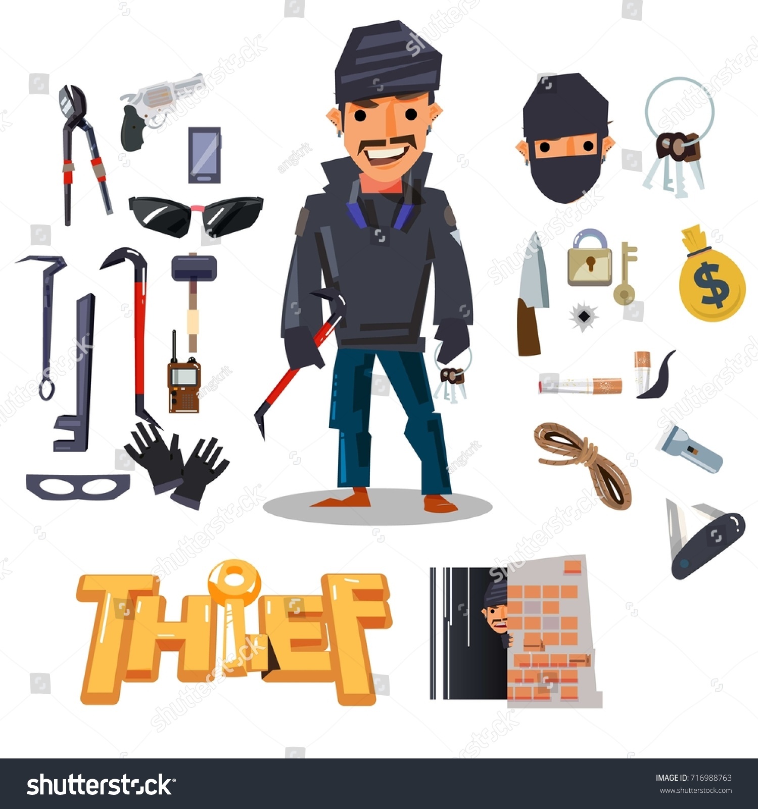 Thief Character Design Tools Logotype Vector 스톡 벡터(로열티 프리) 716988763 ...