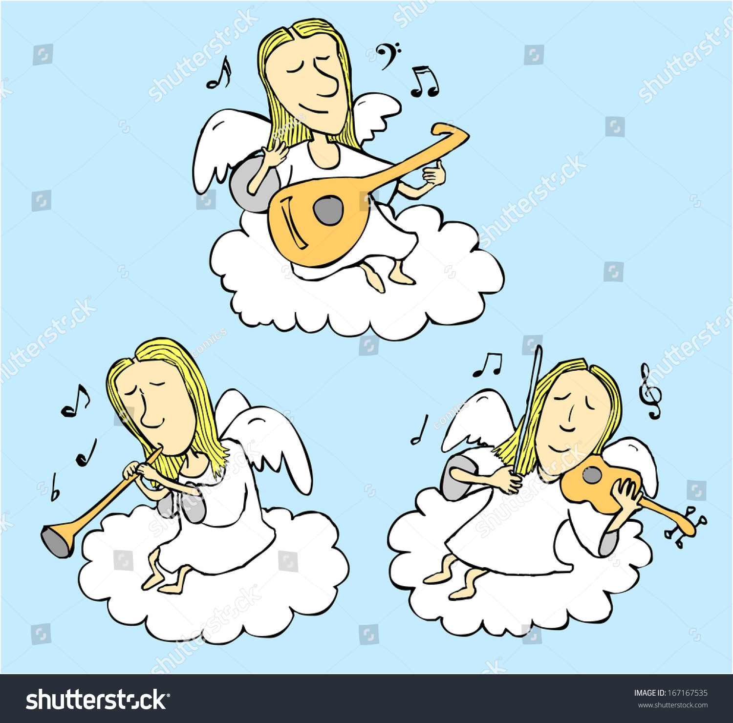 Three Angels Play Instruments Sitting On Stock Vector (Royalty Free ...