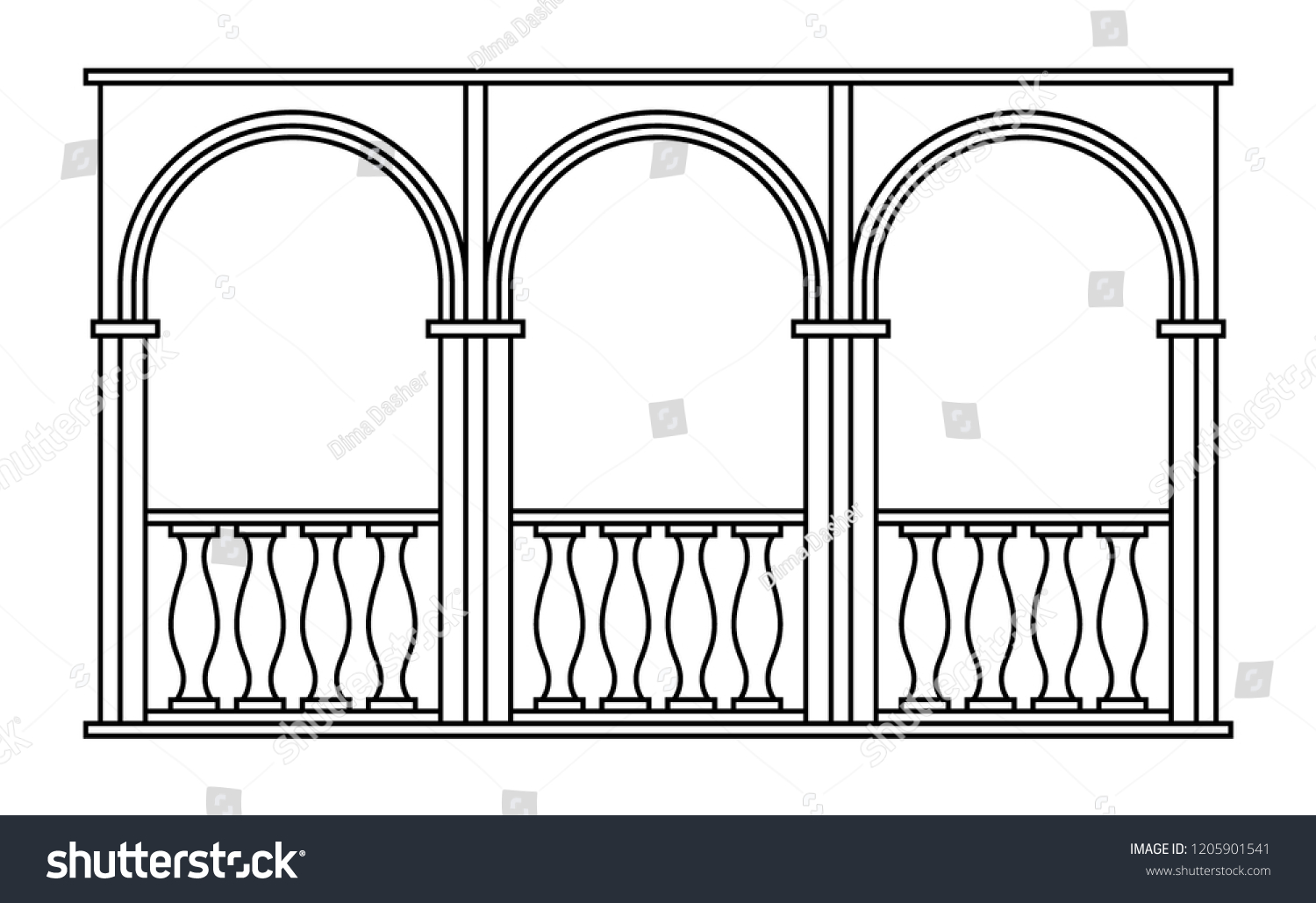 Vektor Stok Three Arch Balusters Vector Illustration Architecture ...