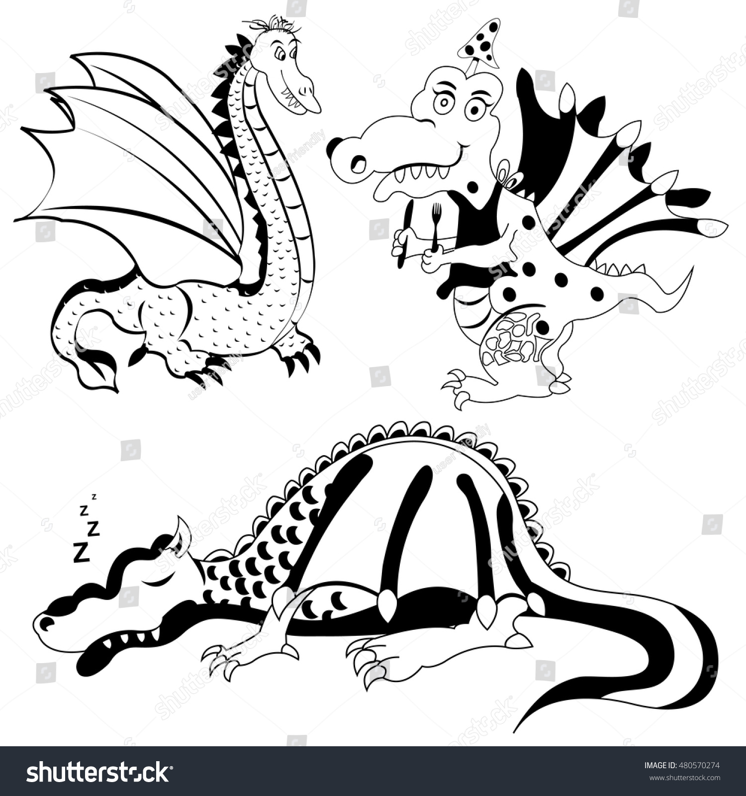 Three Cute Dragons Outlined Vector Illustration Stock Vector (Royalty ...
