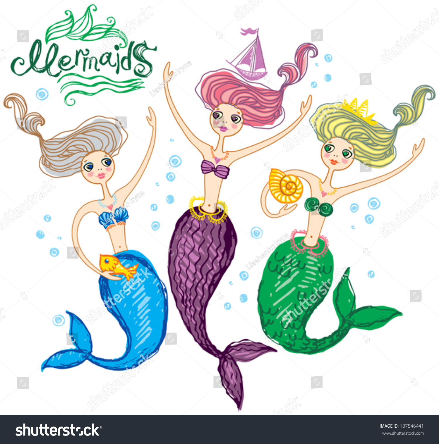 Three Cute Funny Mermaids Stock Vector (Royalty Free) 137546441