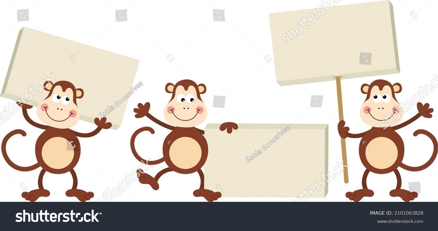 Three Cute Monkeys Empty Sign Boards Stock Vector (Royalty Free ...