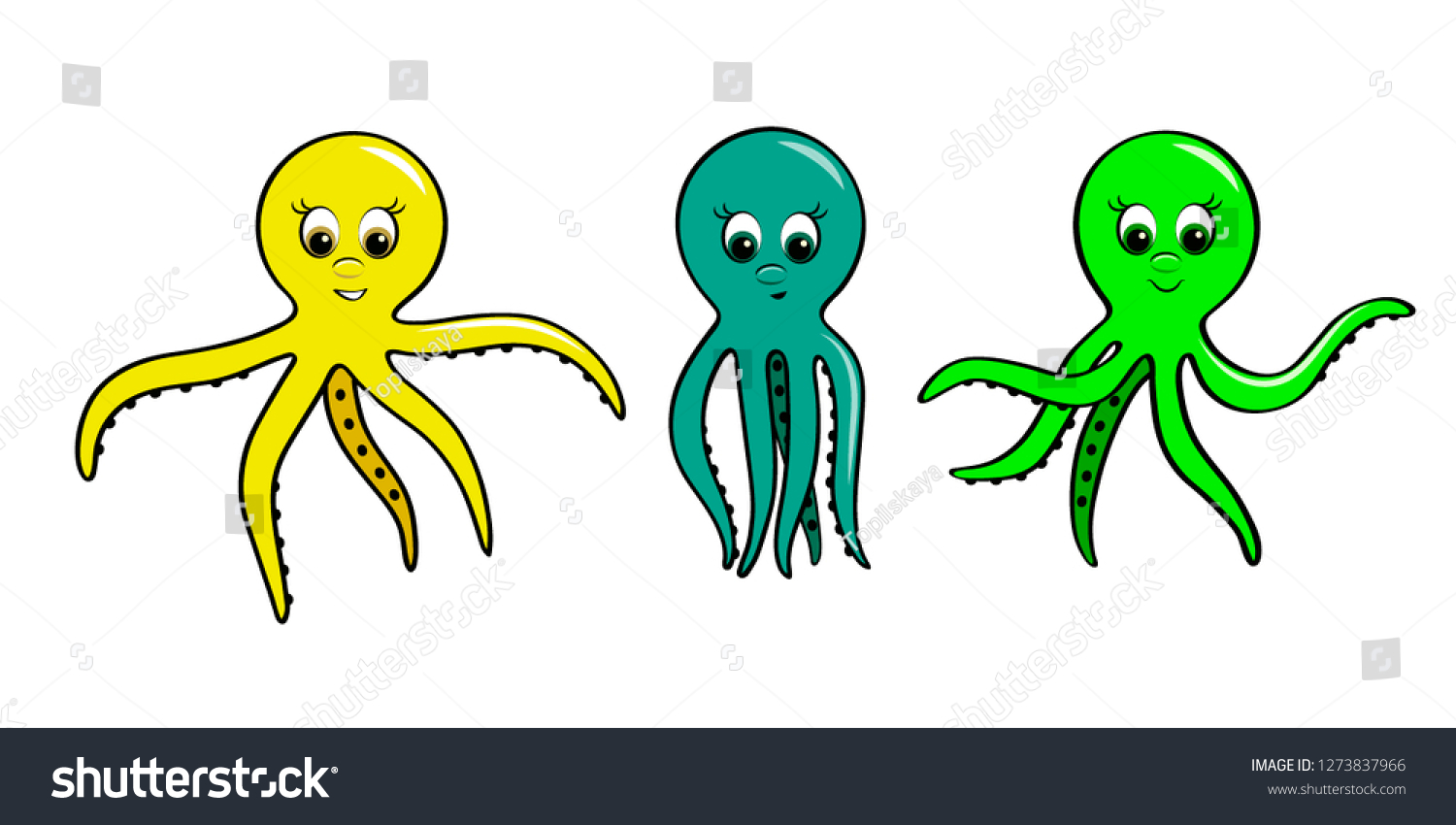 Three Different Cartoon Octopus Isolated Objects Stock Vector (Royalty ...