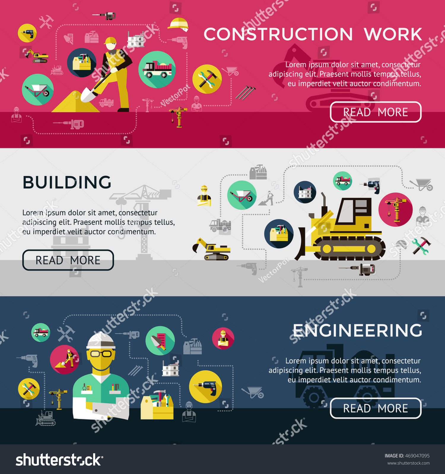 Three Horizontal Construction Banner Set Construction Stock Vector ...