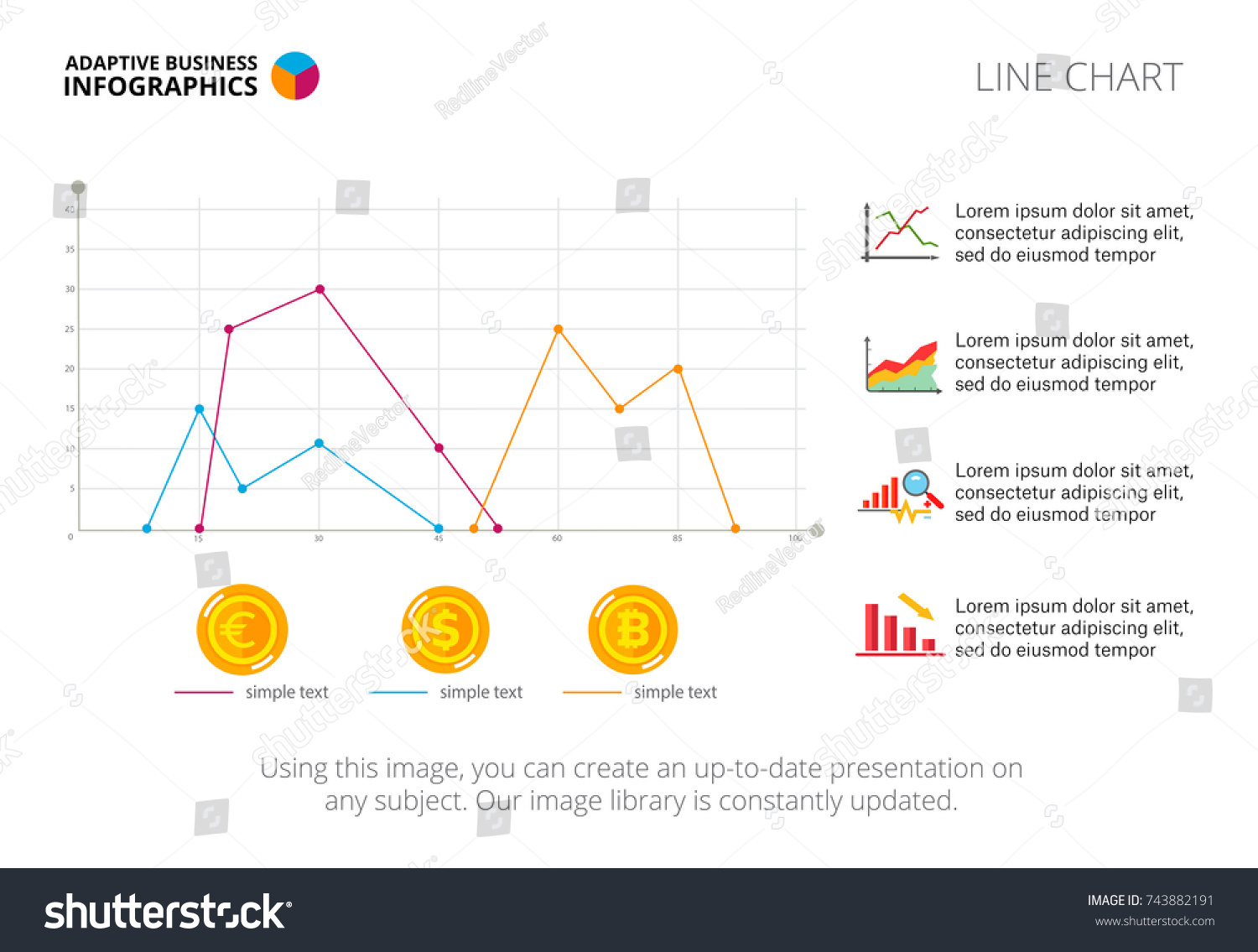 Three Line Charts Slide Template Stock Vector (Royalty Free) 743882191