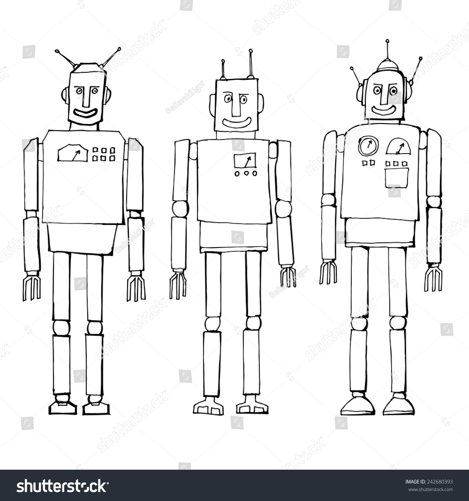 Three Smiling Robot Line Drawing: เวกเตอร์สต็อก (ปลอดค่าลิขสิทธิ์ ...