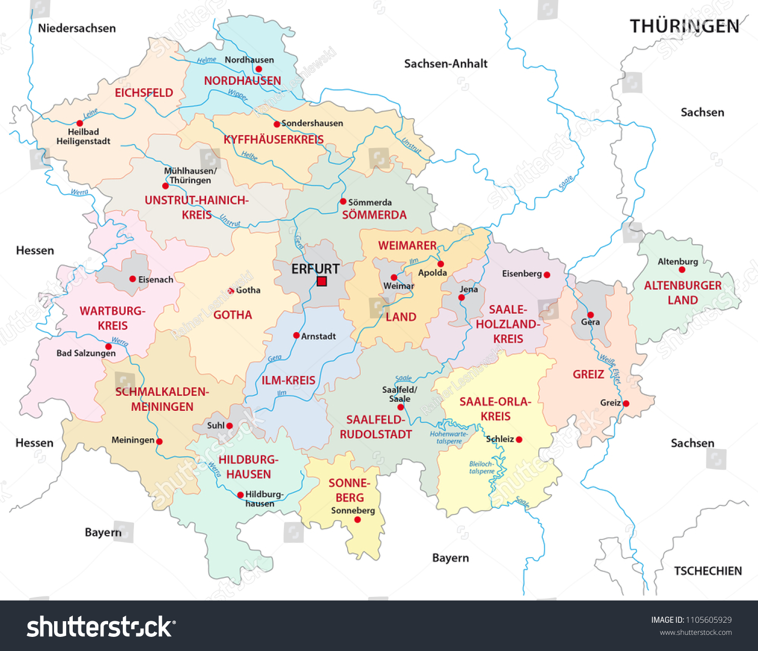 Thuringia Administrative Political Map Stock Vector (Royalty Free ...