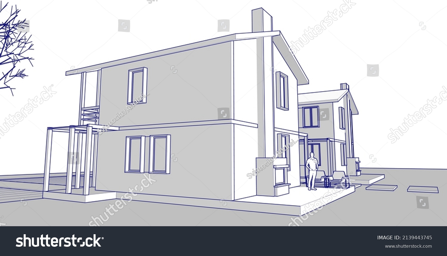 Traditional House Architectural Sketch 3d Rendering Stock Vector ...
