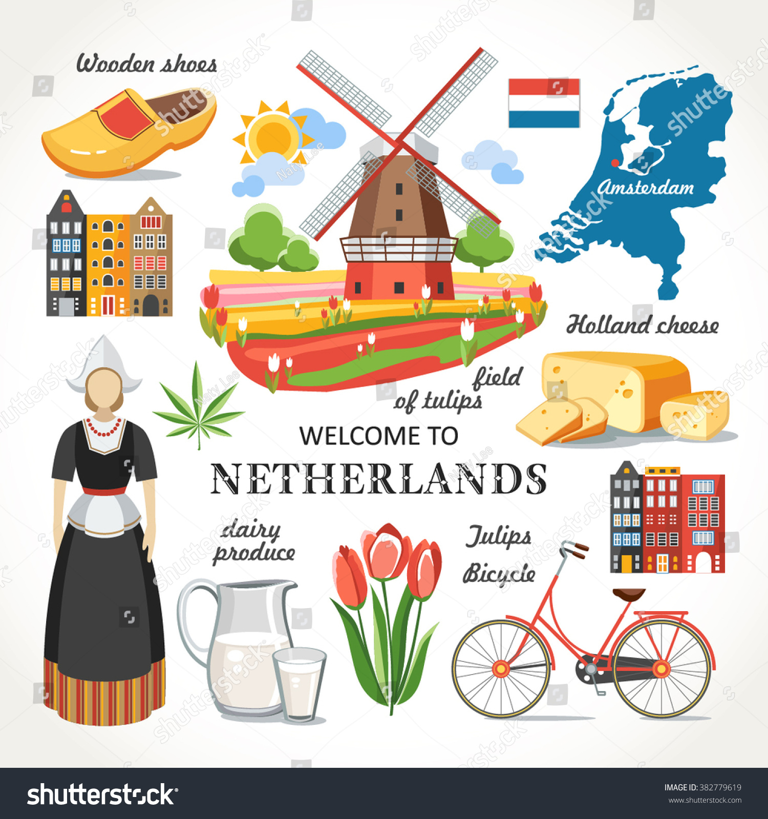 Travel Netherlands Vector Set stockvector (rechtenvrij) 382779619 ...