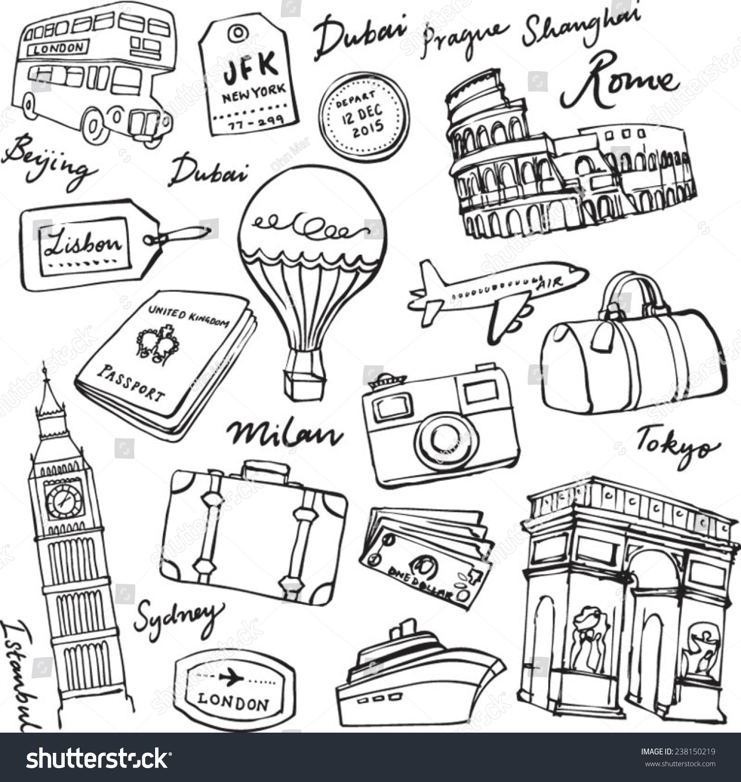 Travel Theme Doodle Vector Set Grunge Stock Vector (Royalty Free ...