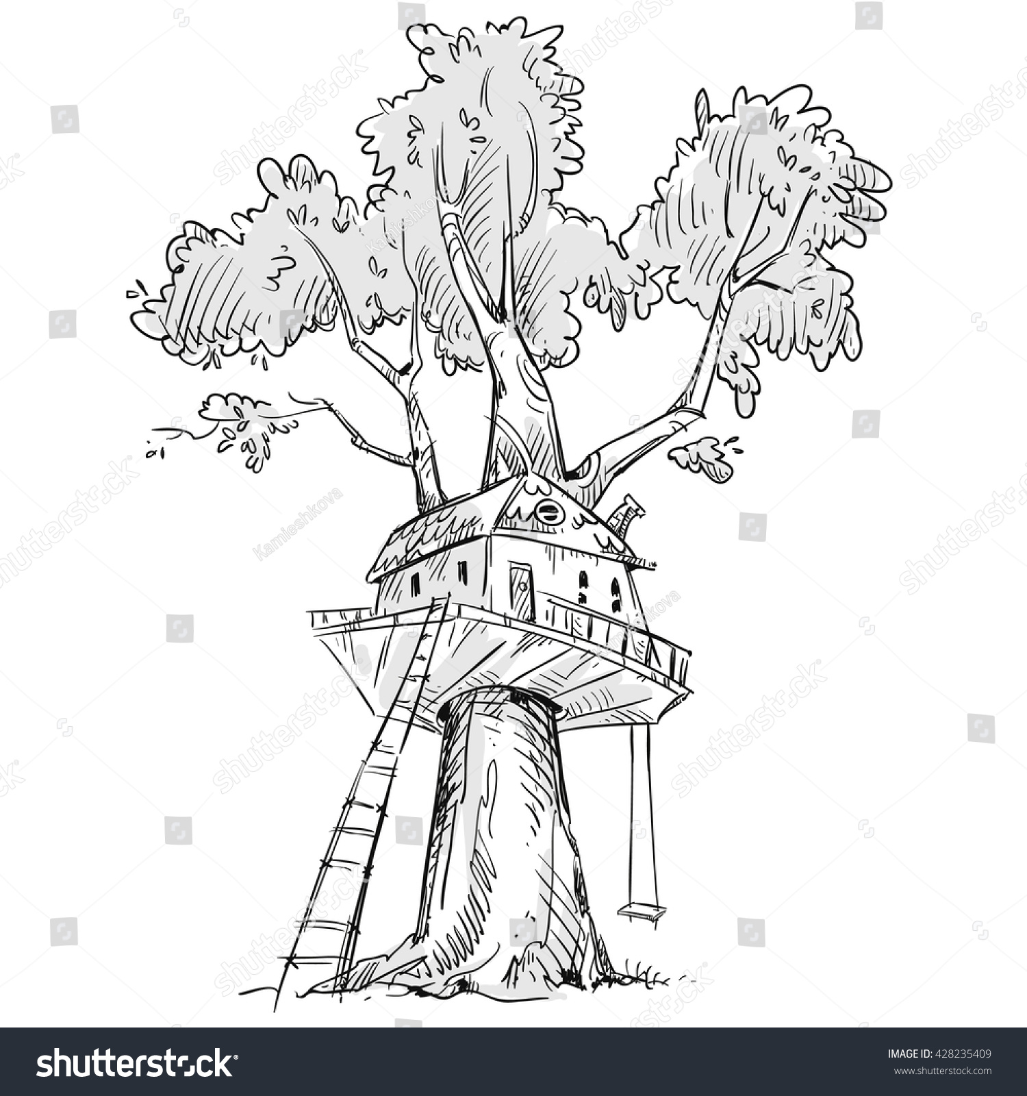 Treehouse Hand Drawn Vector Illustration: เวกเตอร์สต็อก (ปลอดค่า ...