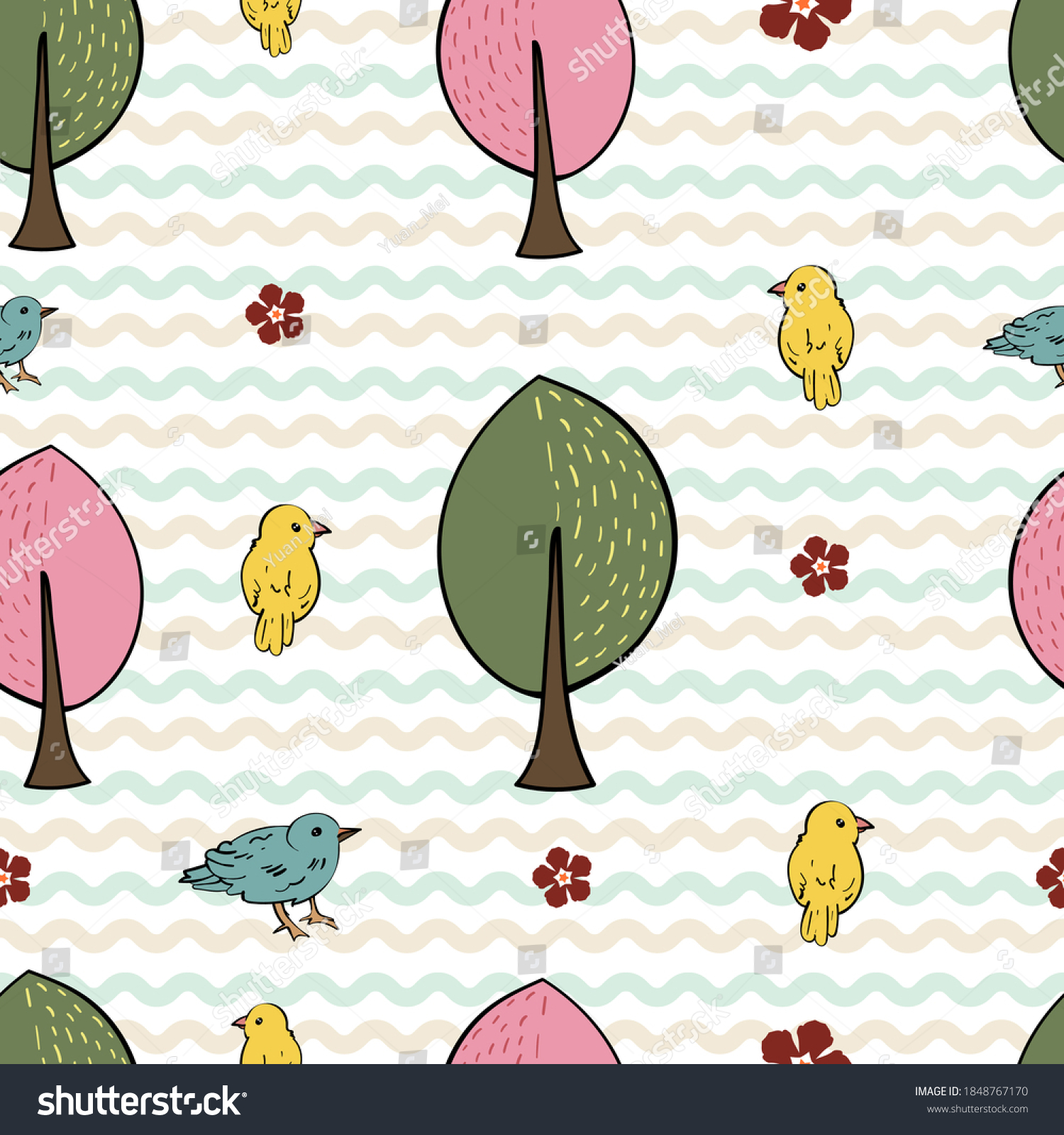 Trees Birds Flowers Cute Wallpaper Repeating Stock Vector (Royalty Free ...