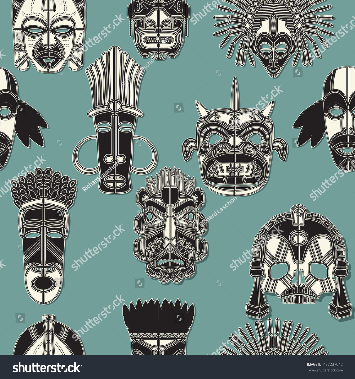 Tribal Mask Seamless Pattern Design: vector de stock (libre de regalías ...