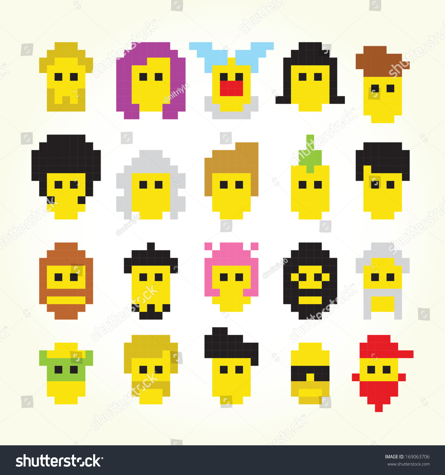 Twenty Pixel Art Faces Isolated Vector: เวกเตอร์สต็อก (ปลอดค่าลิขสิทธิ์ ...
