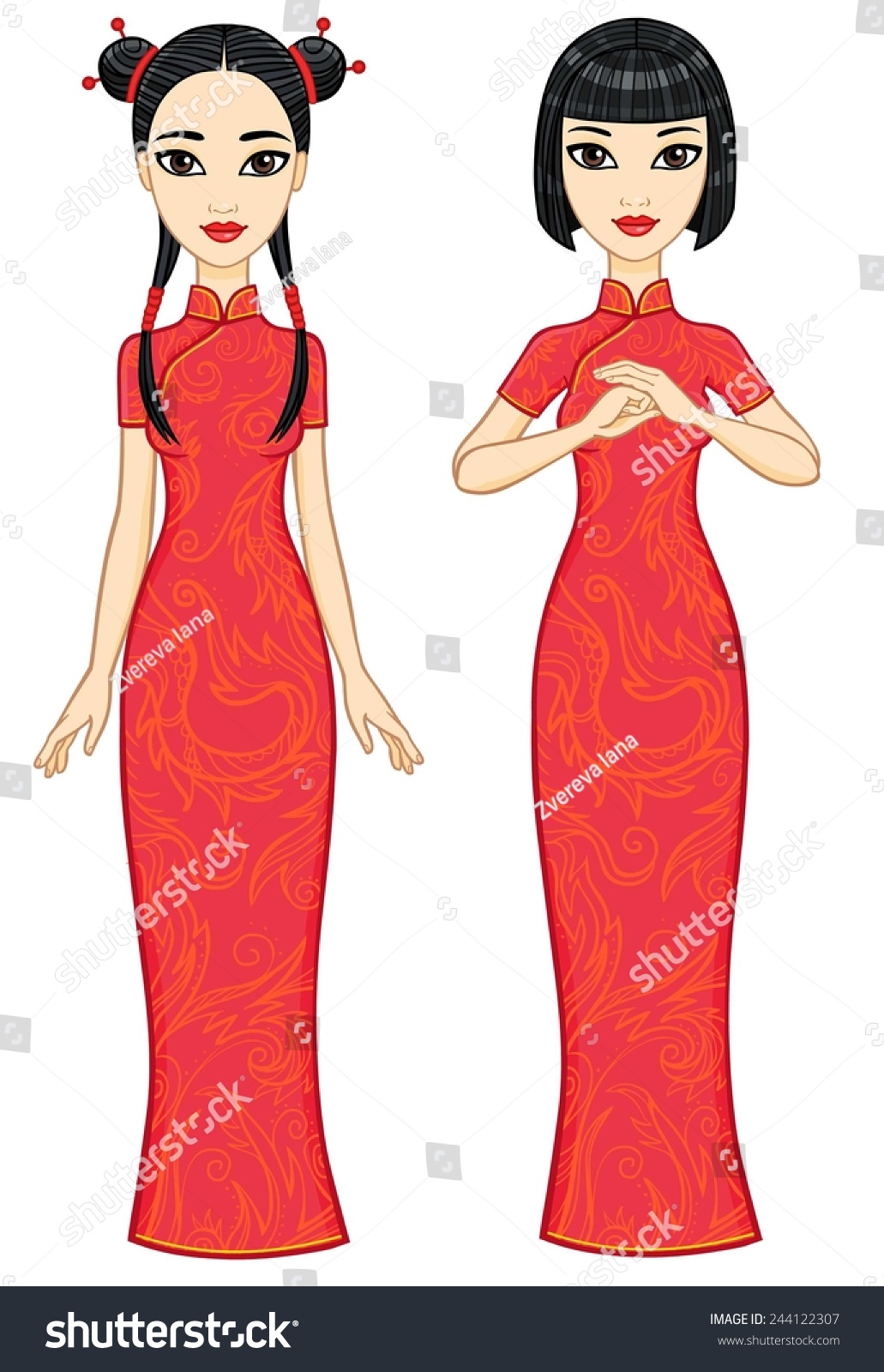 Two Animation Asian Girls Different Poses Vector Có Sẵn Miễn Phí Bản Quyền 244122307