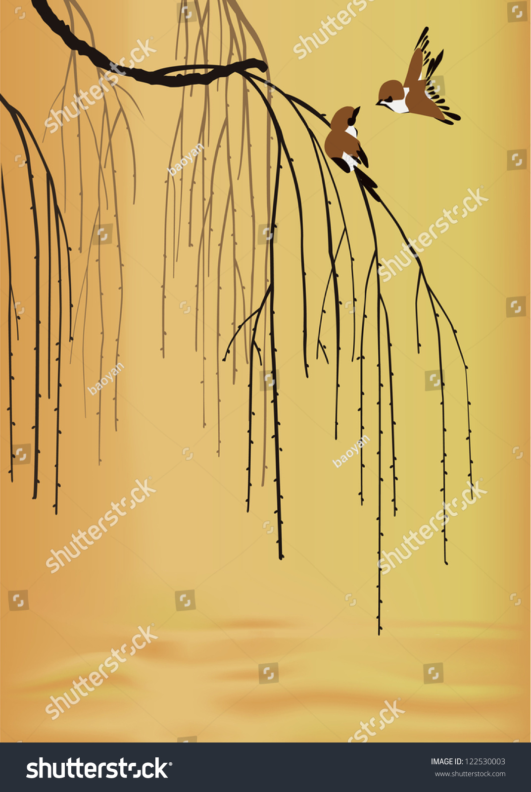 Two Birds On Willow Stock Vector (Royalty Free) 122530003