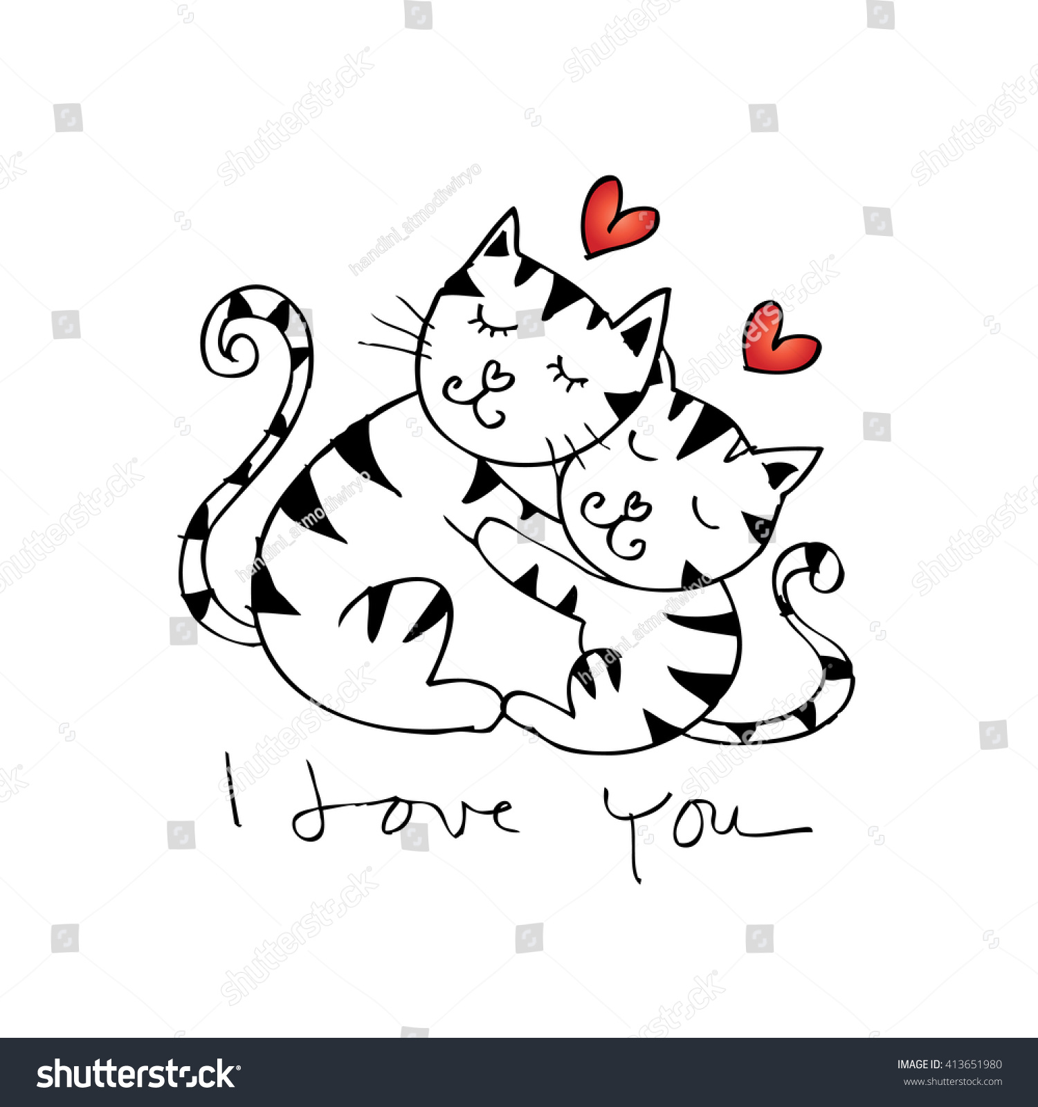 Two Cats Cuddle Doodle Style Stock Vector (Royalty Free) 413651980