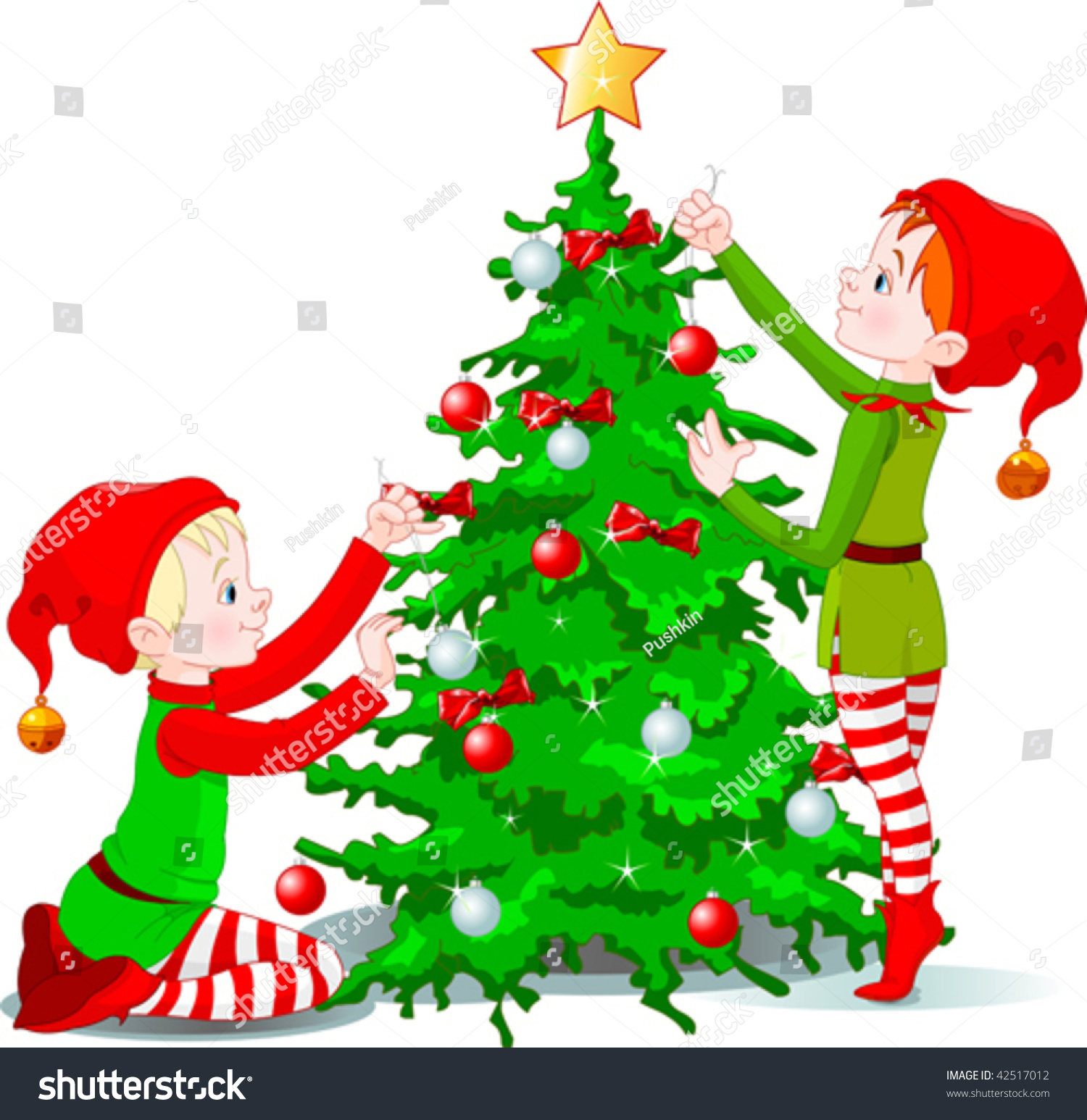 Two Cute Elves Decorating Christmas Tree Stock Vector (Royalty Free ...