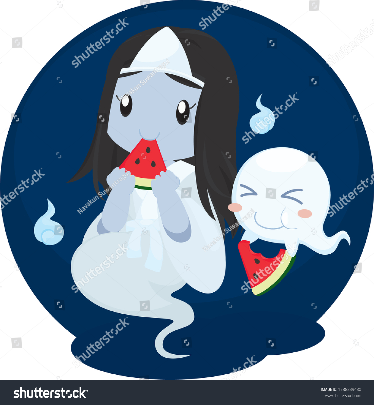 Two Cute Ghosts Eating Watermelon Stock Vector (Royalty Free) 1788839480
