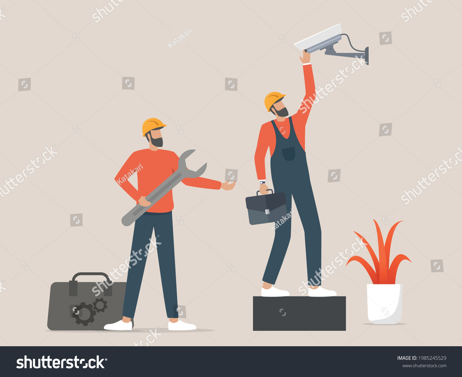 Two Professionals Workers Installing Cctv Surveillance Stock Vector ...
