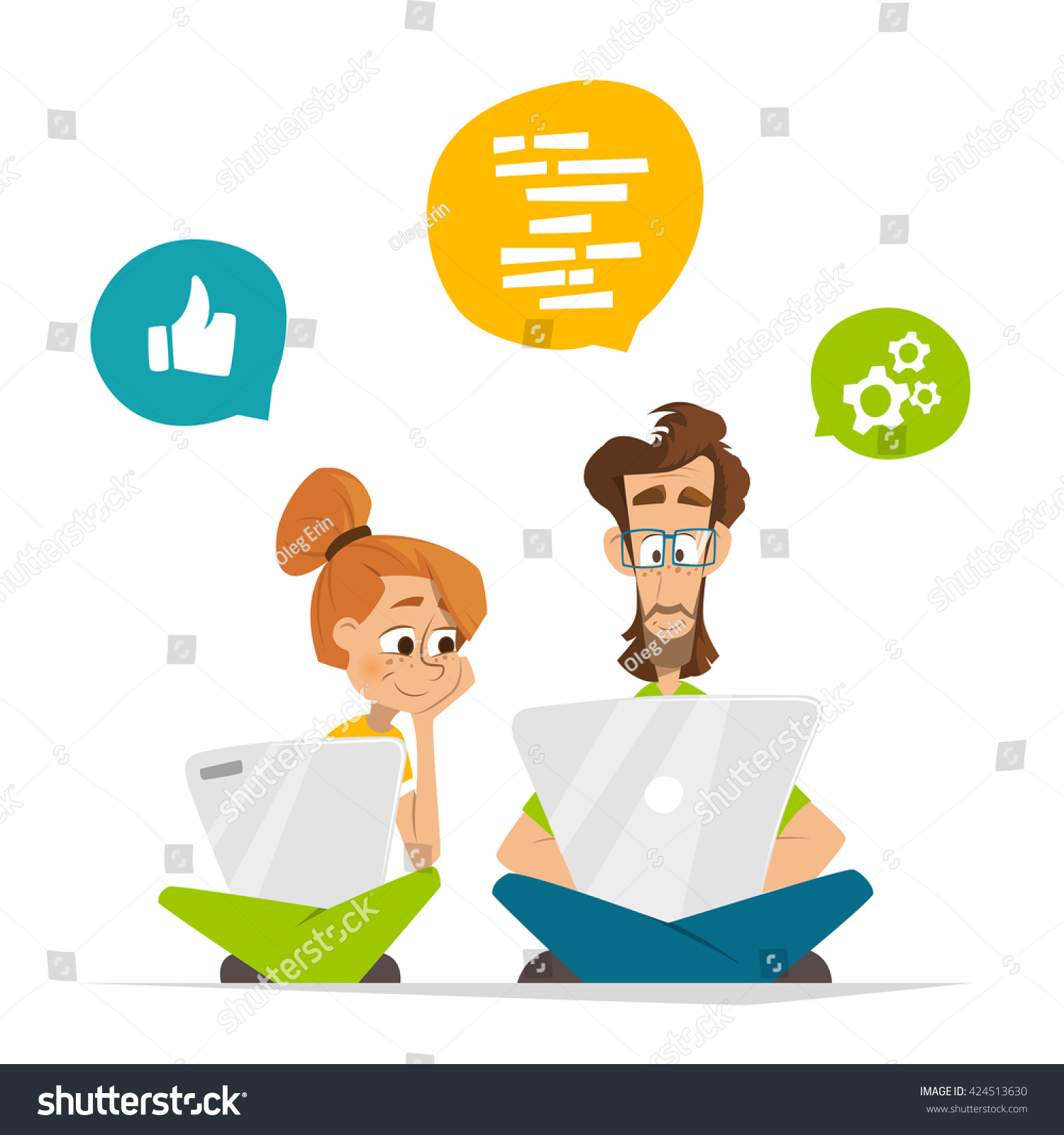 Two Students Characters Studying Computer Notebook Stock Vector ...