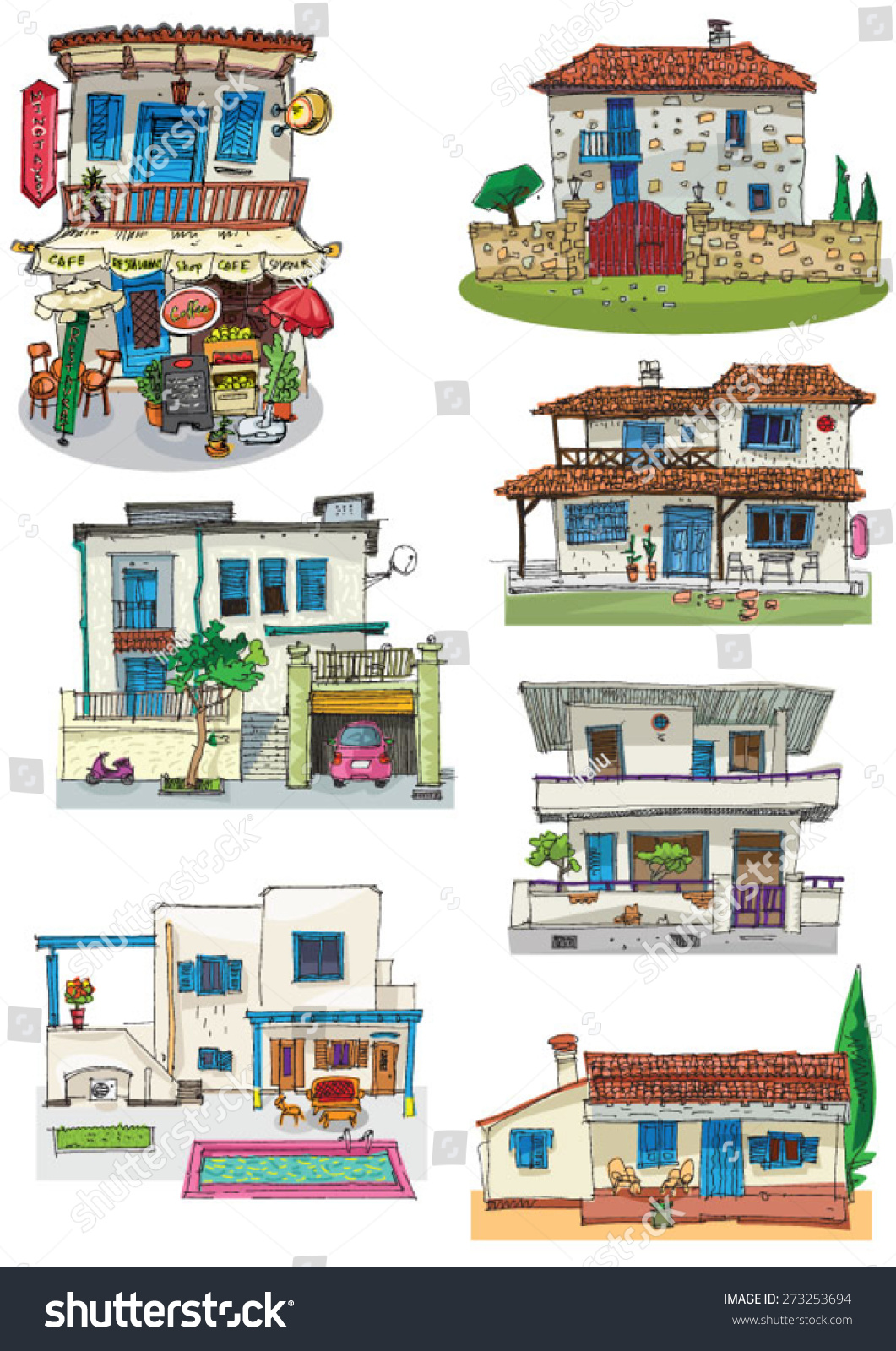 Typical Mediterranean Architecture Set Cartoon Stock Vector (Royalty ...