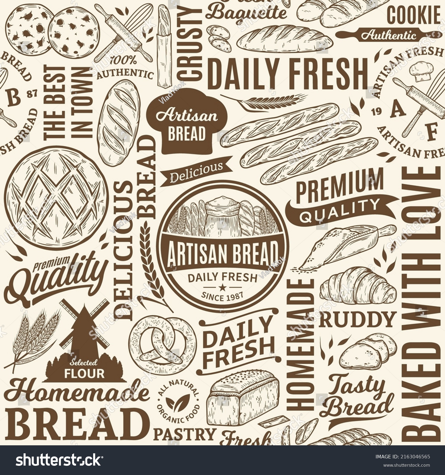 Typographic Vector Bread Bakery Seamless Pattern Stock Vector (Royalty ...